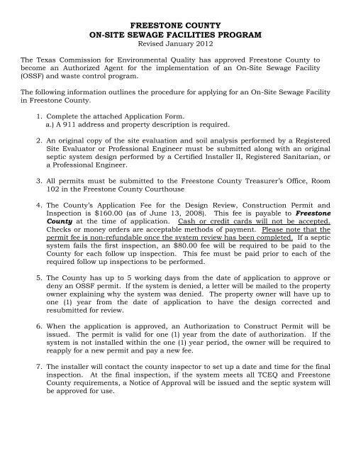 FREESTONE COUNTY ON-SITE SEWAGE FACILITIES PROGRAM