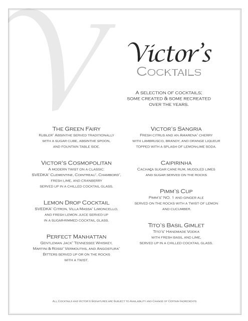 Download Our Drink Menu - Victor's Italian Restaurant