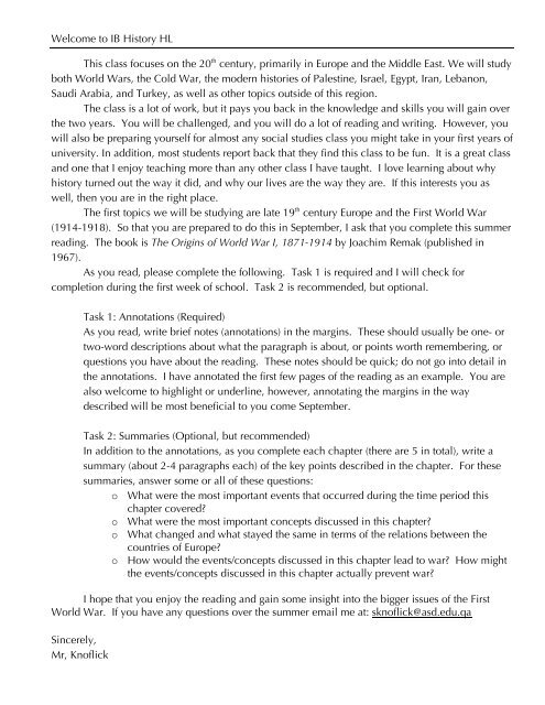 Welcome to IB History HL This class focuses on the 20th century ...