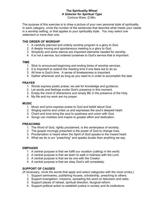 The Spirituality Wheel A Selector for Spiritual Type Corinne Ware, D ...