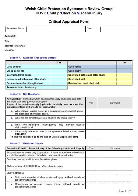 Critical Appraisal Form Critical Appraisal Form