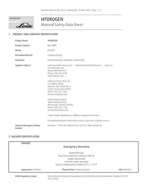 Hydrogen, Compressed Gas - (MSDS) - Linde Gases
