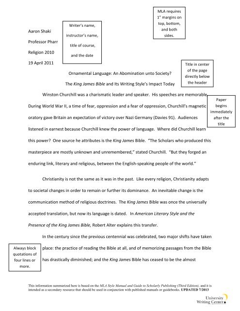 MLA Sample Paper - University Writing Center