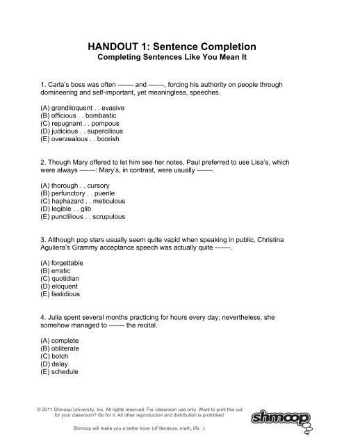 HANDOUT 1: Sentence Completion - Shmoop