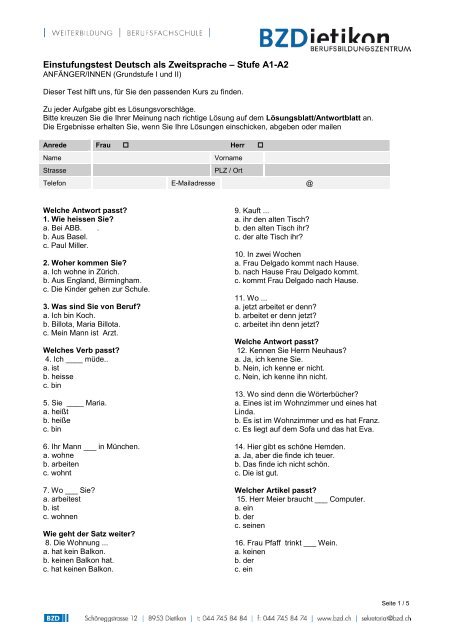 Einstufungstest Deutsch als Zweitsprache – Stufe A1-A2