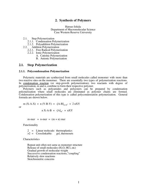 Chapter 2: Synthesis of Polymers - Filer - Case Western Reserve ...