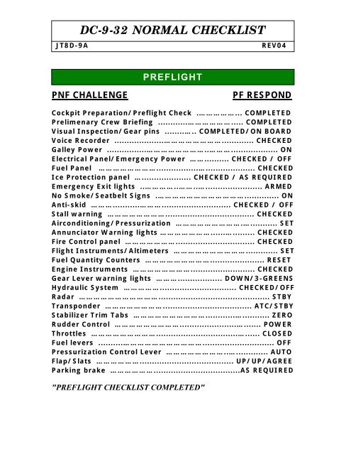 DC-9-32 NORMAL CHECKLIST