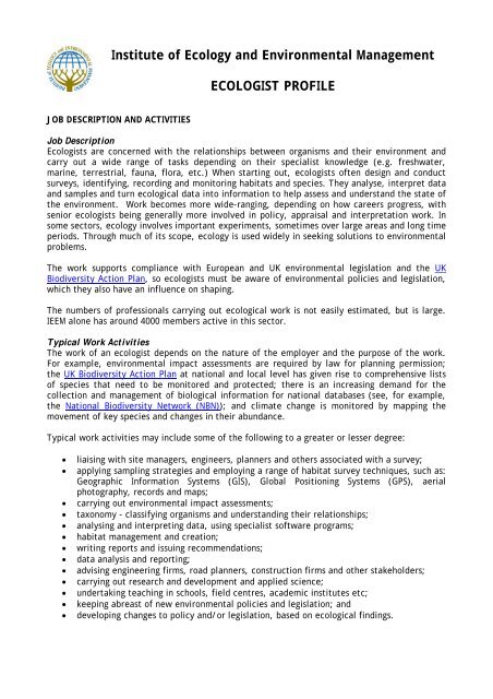 Ecologist job profile (PDF - 83.3KB) - University of Birmingham