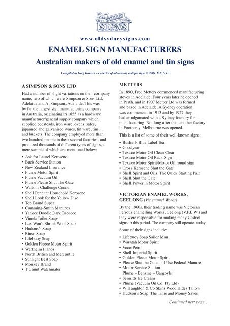ENAMEL SIGN MANUFACTURERS Australian ... - Old Sydney Signs