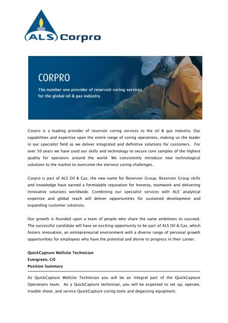 Corpro is a leading provider of reservoir coring ... - ALS Oil & Gas