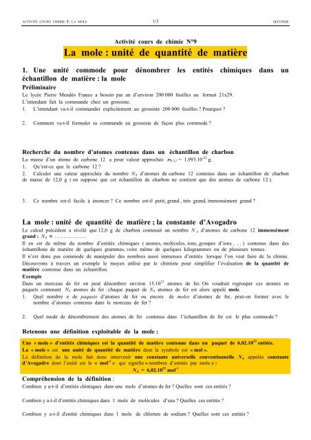 La mole : unité de quantité de matière