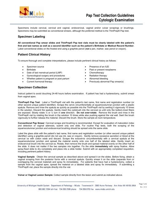 Pap Test Collection Guidelines Cytologic Examination - MLabs