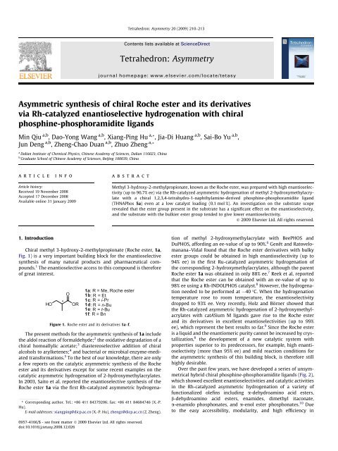Asymmetric synthesis of chiral Roche ester and its derivatives via Rh ...