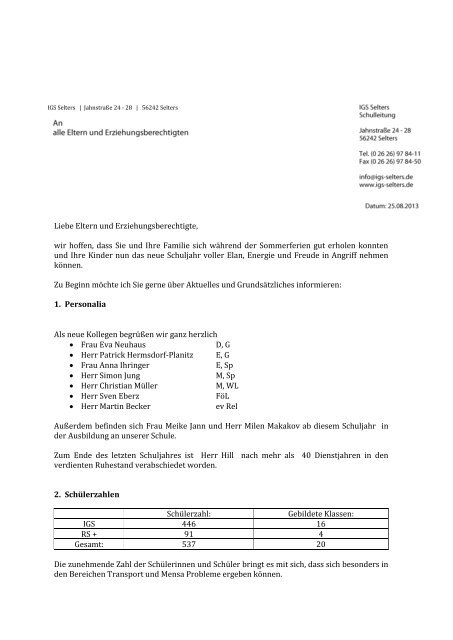 Elternbrief Nr. 1 - IGS Selters