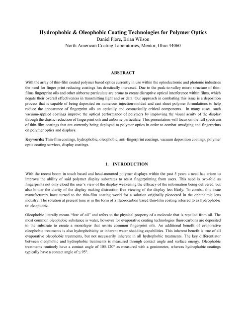 Hydrophobic & Oleophobic Coating Technologies for Polymer Optics