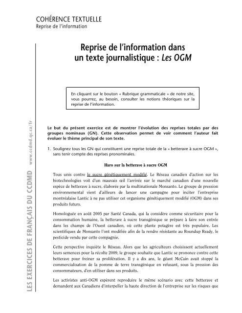 Reprise de l'information dans un texte journalistique : Les ... - ccdmd
