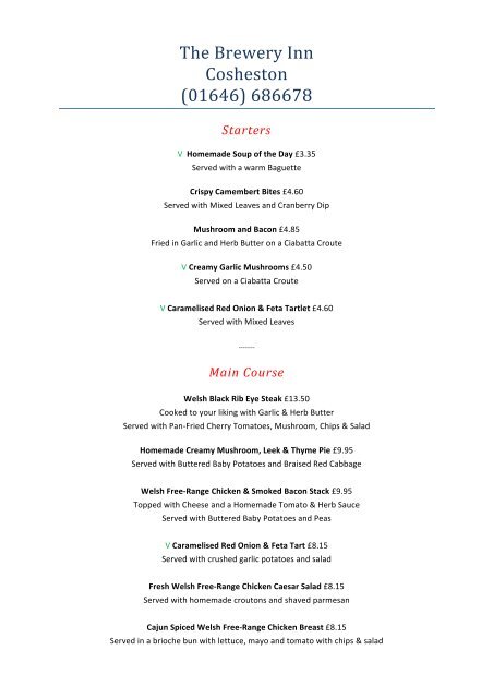 Download Our Menu - The Brewery Inn