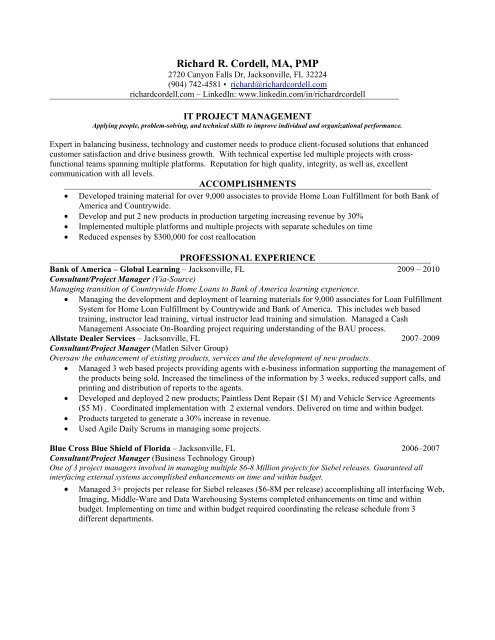Richard Cordell's Resume - Richard Cordell - Project Manager