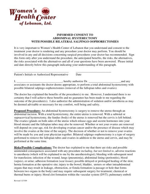 INFORMED CONSENT TO ABDOMINAL HYSTERECTOMY WITH ...