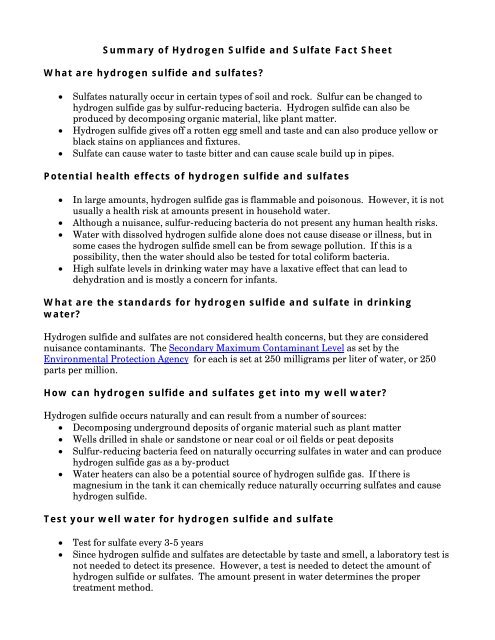 Summary of Hydrogen Sulfide and Sulfate Fact Sheet What are ...