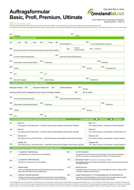 Auftragsformular Basic, Profi, Premium, Ultimate - EmslandTel.Net