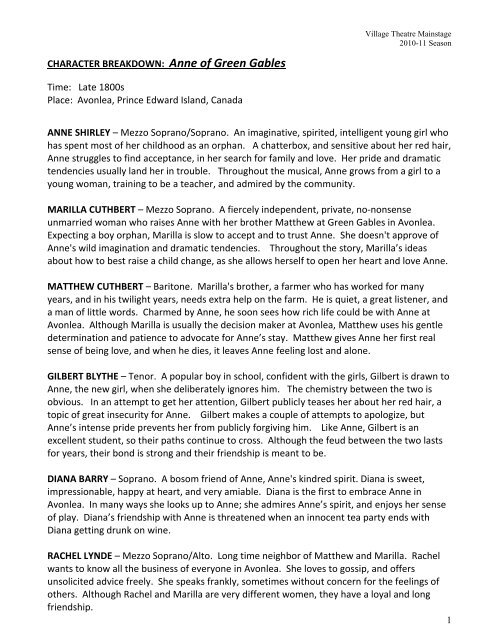 CHARACTER BREAKDOWN: Anne of Green Gables - Village Theatre
