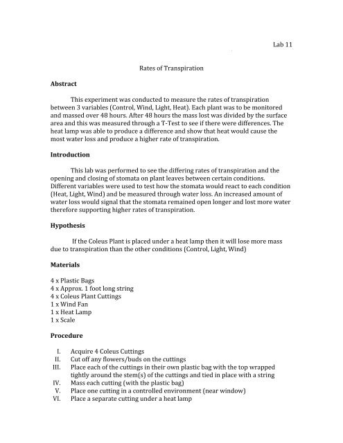Transpiration Experiment Procedure