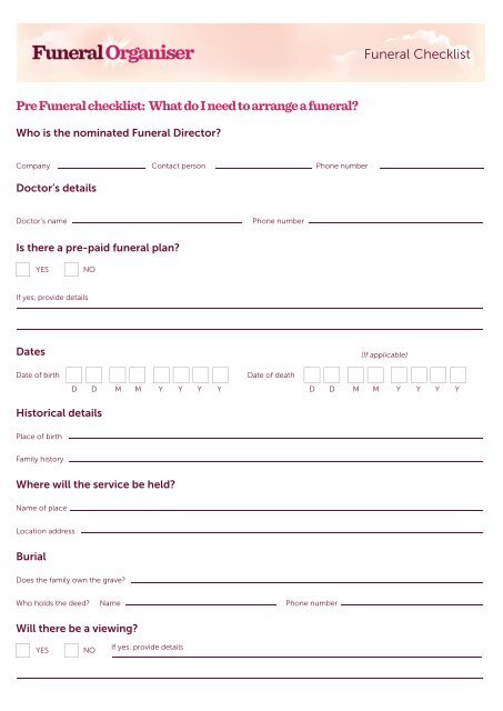 Funeral Checklist Pre Funeral checklist: What do I need to arrange a ...