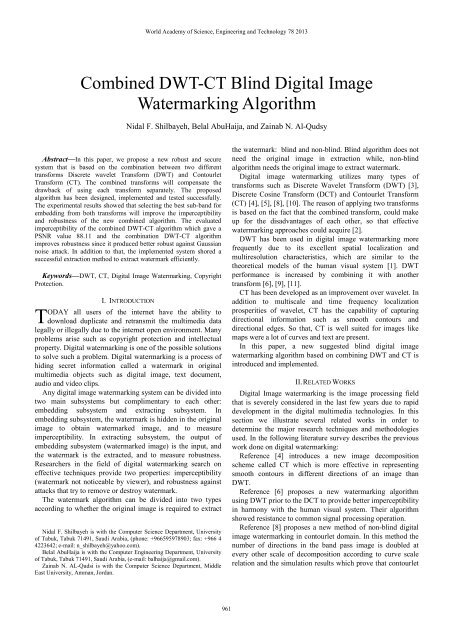 Combined Dwt Ct Blind Digital Image Watermarking Algorithm