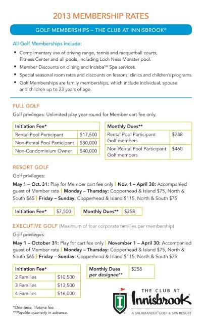View 2013 Membership Rates - Innisbrook Resort and Golf Club