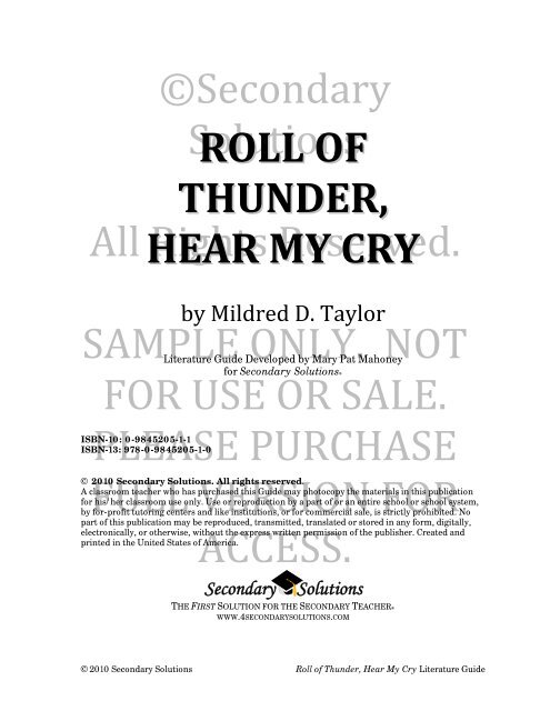 Roll of Thunder, Hear My Cry Literature Guide - Secondary Solutions