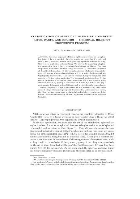 CLASSIFICATION OF SPHERICAL TILINGS BY CONGRUENT ...