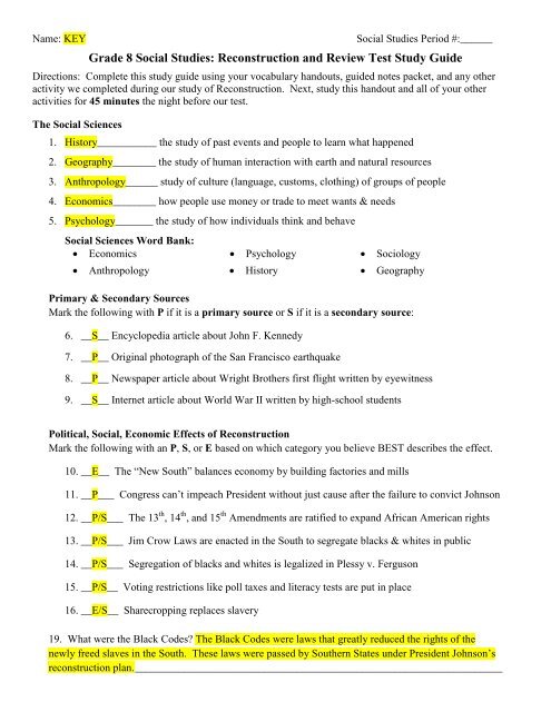 Grade 8 Social Studies: Reconstruction and Review Test Study Guide