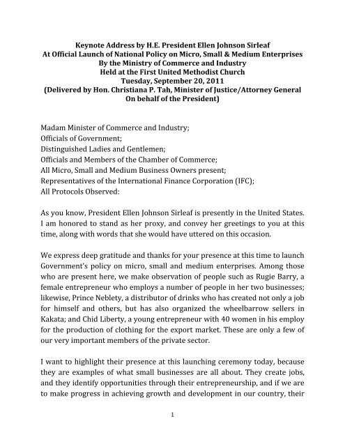 Keynote Address by H.E. President Ellen Johnson Sirleaf at Official ...