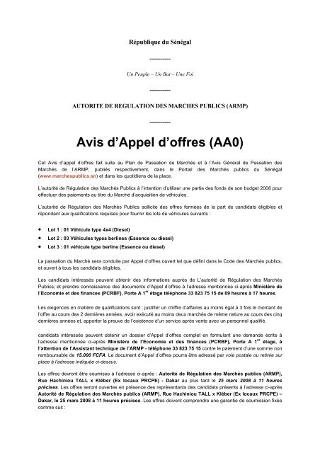 Avis d'Appel d'offres (AA0) - ARMP