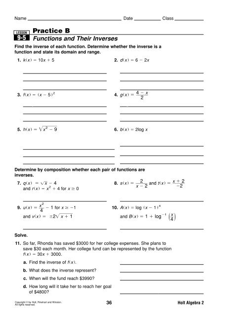 9-5 Practice B Functions and Their Inverses