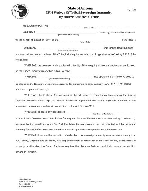 State of Arizona NPM Waiver Of Tribal Sovereign Immunity By ...