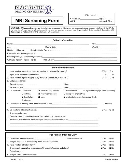 MRI Screening Form - Dic-Kc.com