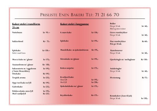 Prisliste Enen bakeri - Molde kommune