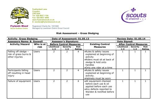 Risk Assessment - Frylands Wood Scout Camp