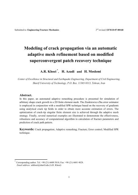 Modeling Of Crack Propagation Via An Automatic Adaptive Mesh