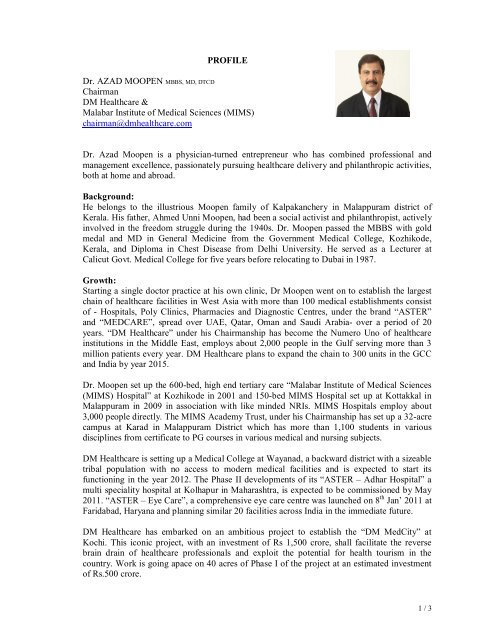 Profile Of Dr. Azad Moopen-Jan 2011 - DM Healthcare