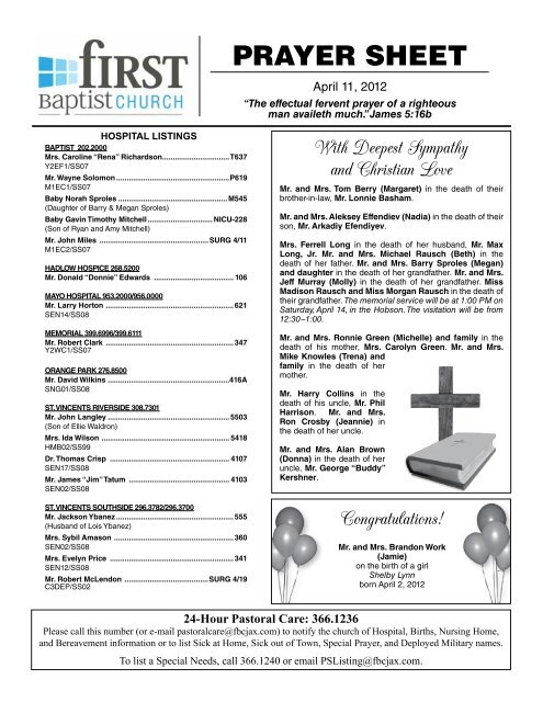 PRAYER SHEET - First Baptist Church Jacksonville