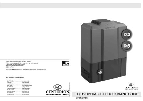 D3 & D5 Operator Programming Guide - Centurion Systems