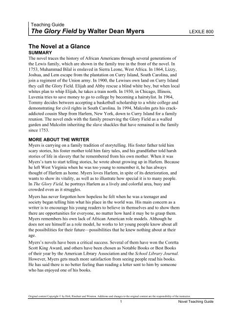 The Glory Field by Walter Dean Myers - My HRW