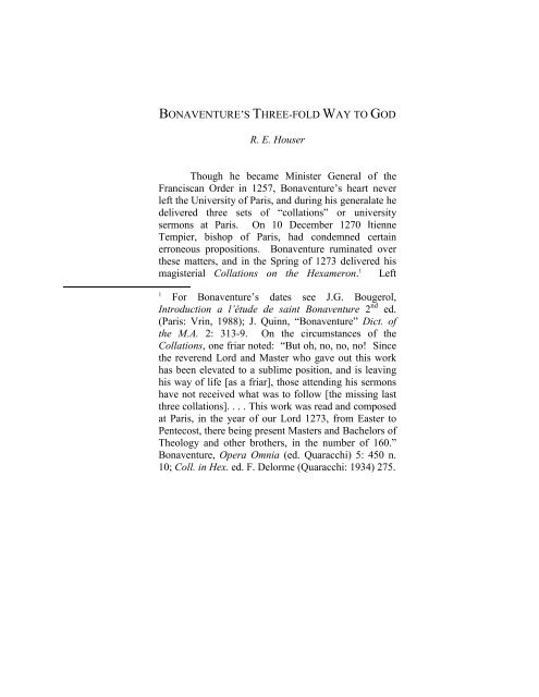 Bonaventure's Threefold Way to God. - University of St. Thomas