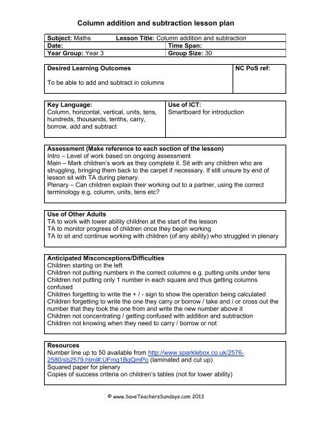 Year 3 Maths Sum005 Column Addition And Subtraction Lesson Plan 