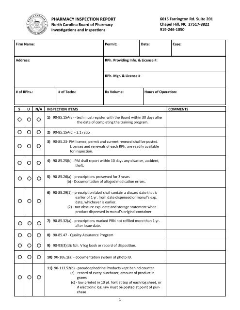 Retail Inspection Report.pub - North Carolina Board of Pharmacy