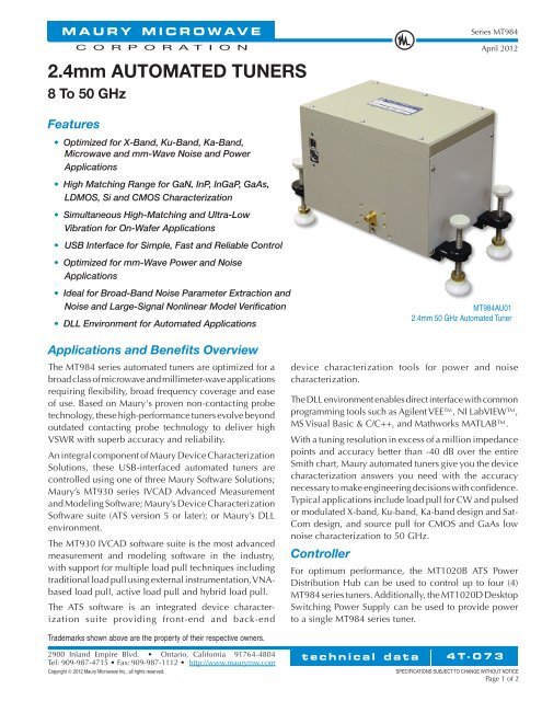 2.4mm AUTOMATED TUNERS 8 To 50 GHz - Maury Microwave