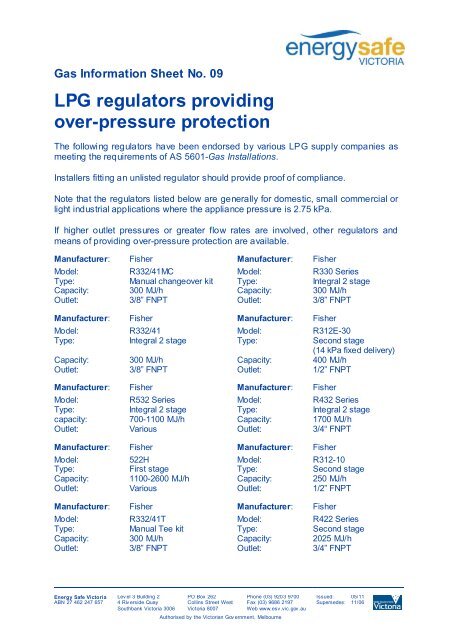 LPG regulators providing over-pressure protection - Energy Safe ...
